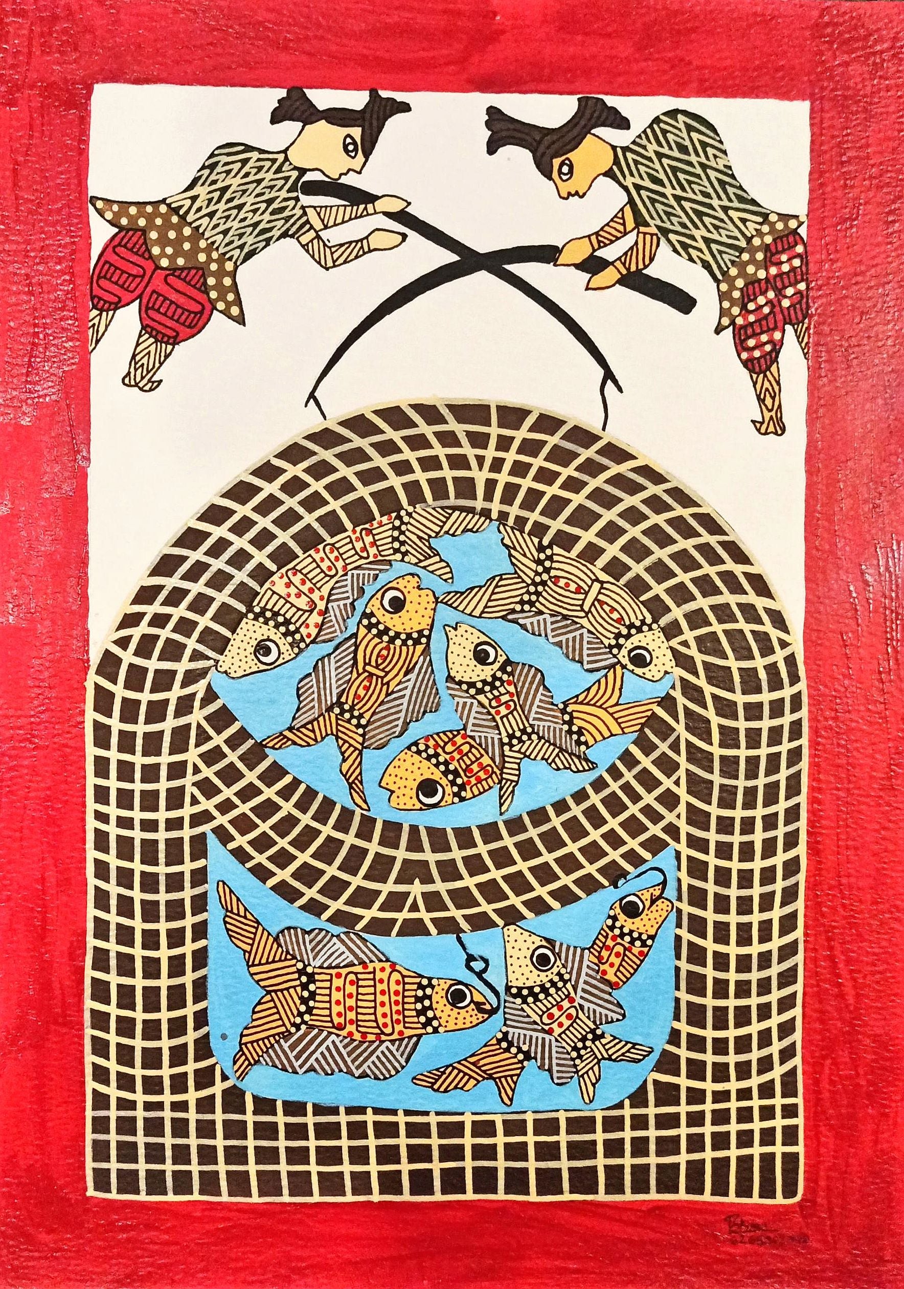 At The Pond : Gond paper painting by B Natam – TEJAS GALLERY STORE