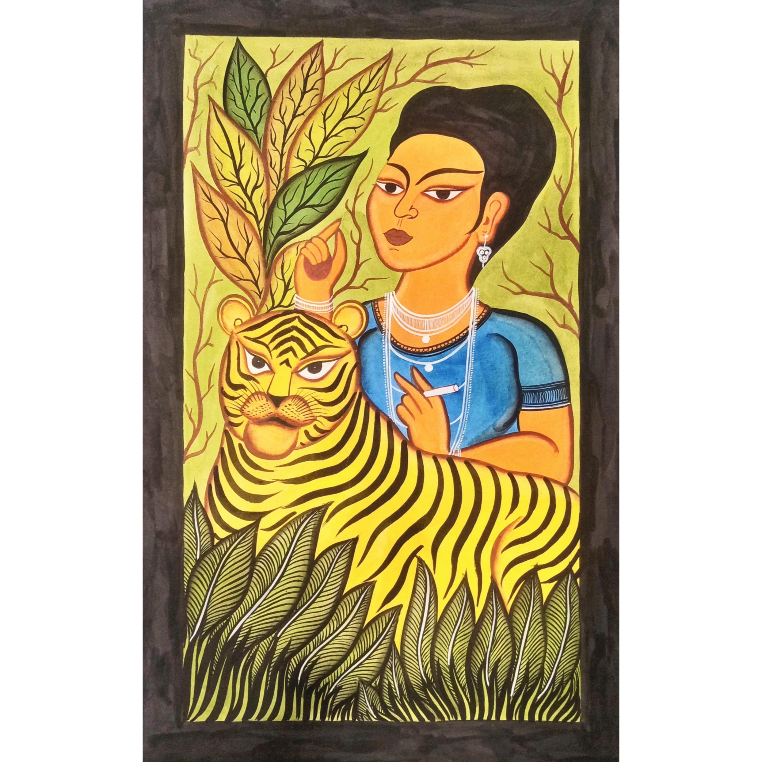 Frida Kahlo with tiger and cigarette by Layala Chitrakar – TEJAS GALLERY STORE