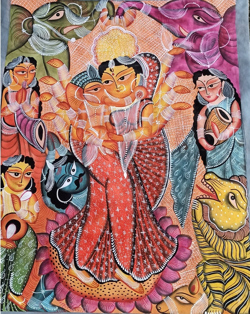 Maa Durga with family : Midnapore patachitra painting by Swarna Chitra ...